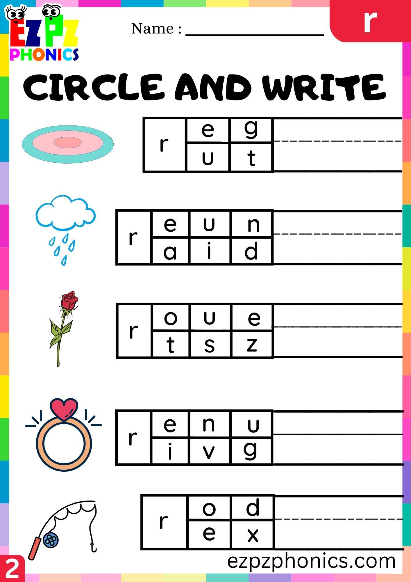 Group2 Letter R Circle And Write Beginning Sounds Worksheet - ezpzphonics.com